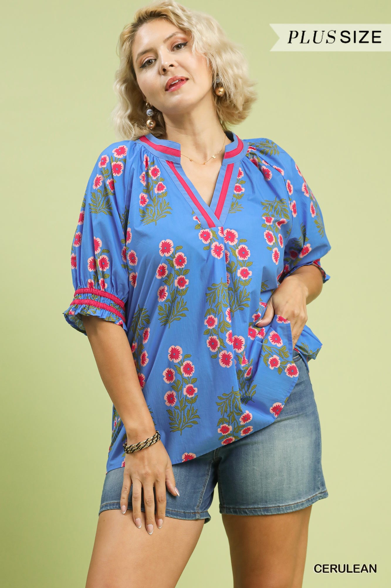 Umgee Floral V Neck Puff Sleeve Top In Cerulean Blue PLUS Sizes – Craft ...